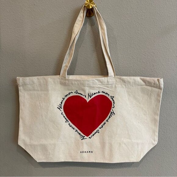 Sezane | Bags | Sezane Paris Limited Edition Tote Bag Cream And Red ...